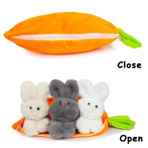 Easter Hide-and-Seek Bunnies in Carrot Pouch,Three Bunnies in a Carrot Purse,Carrot Plush Toy,Plush Stuffed Animal Surprise Zip Up Carrot Hideaway,Unzip The Rabbit Doll Toy,Easter Doll Zipper Purse