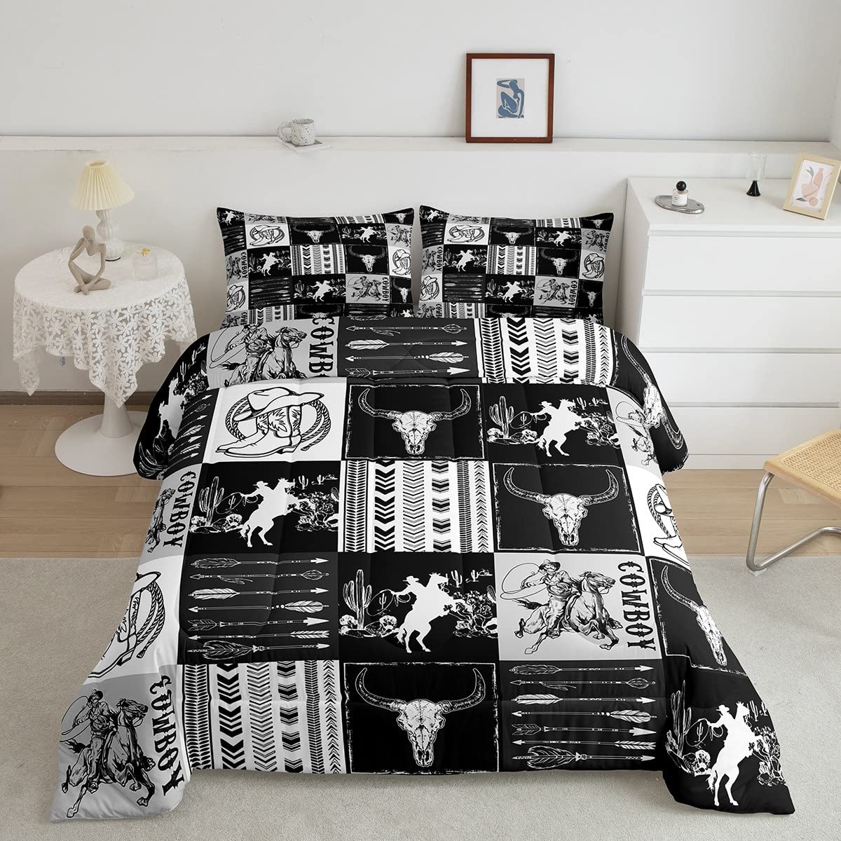 Manfei Western Cowboy Comforter Set Queen Size, Bull Skull Horse Arrow Print Bedding Set 3pcs for Kids Boys Teens Bedroom Decor, Geometric Grid Black Plaid Print Quilt Set with 2 Pillowcases