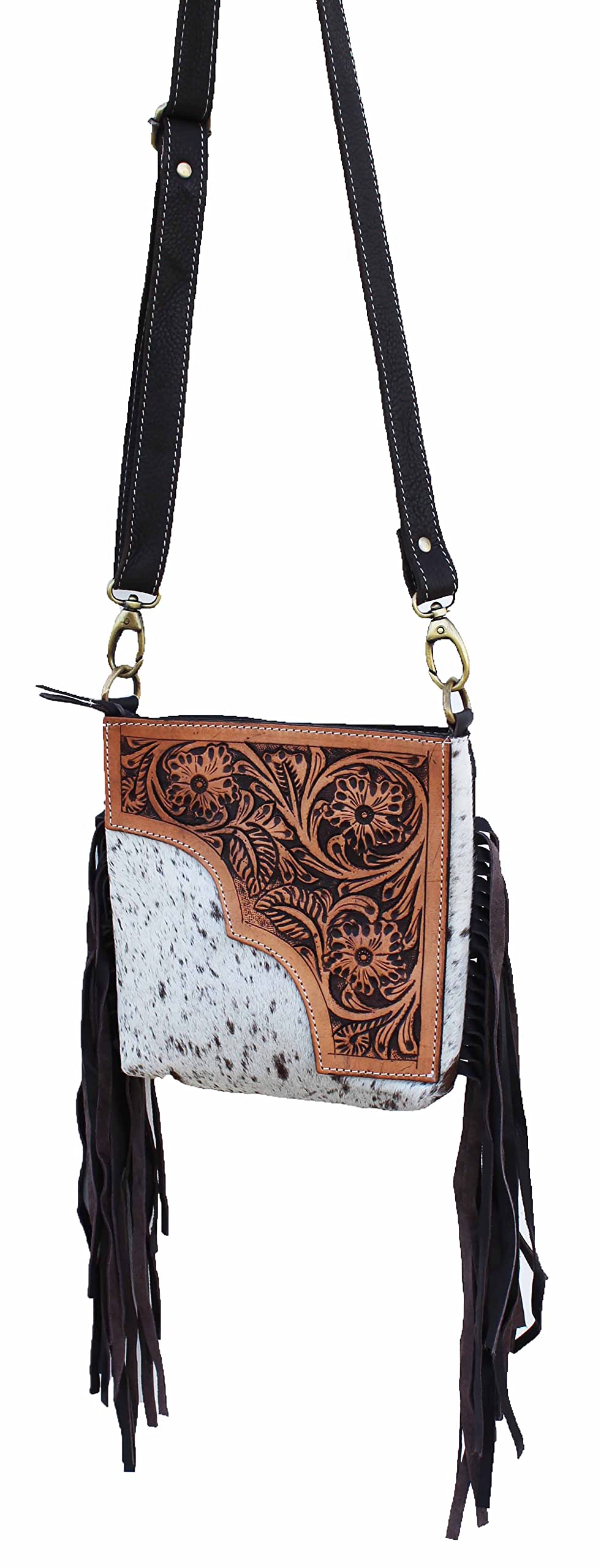 CHALLENGER Women's Western Floral Tooled Leather Cowhide Shoulder Purse Handbag Fringe 18RTH16