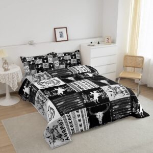 Manfei Western Cowboy Comforter Set Queen Size, Bull Skull Horse Arrow Print Bedding Set 3pcs for Kids Boys Teens Bedroom Decor, Geometric Grid Black Plaid Print Quilt Set with 2 Pillowcases