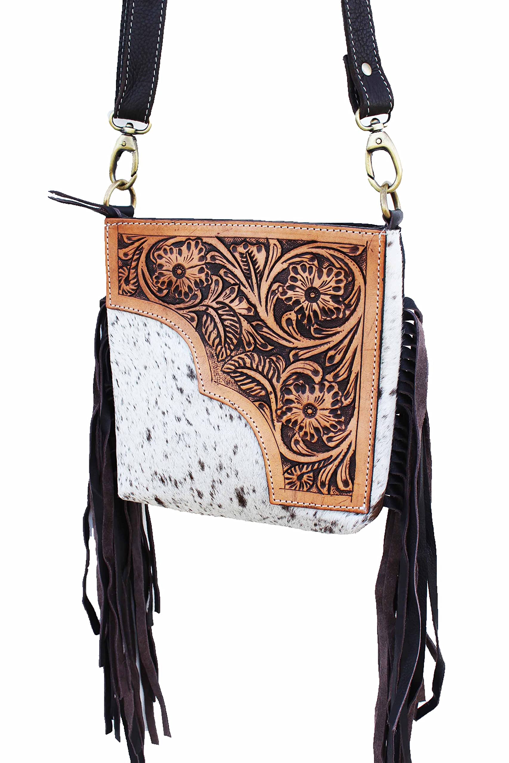 CHALLENGER Women's Western Floral Tooled Leather Cowhide Shoulder Purse Handbag Fringe 18RTH16