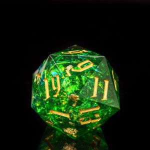 cusdie single d20 dnd dice with sharp edges and glitter foil inclusions, 20 sided d&d dice, 33mm handcrafted polyhedral dice, for role playing game mtg pathfinder (green)