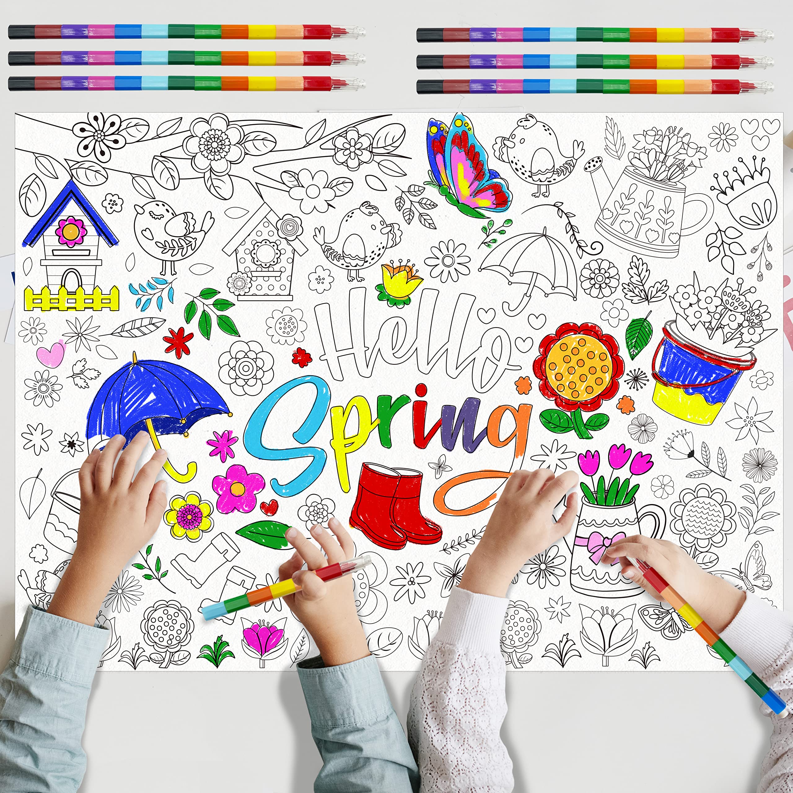 Giant Spring Coloring Poster with 6 Stacking Crayons, Crafts Education Activity Jumbo Paper Poster Wall Art Coloring Poster Banner for Home School Classroom Party Supplies Favor, 43x 31Inch(Spring）