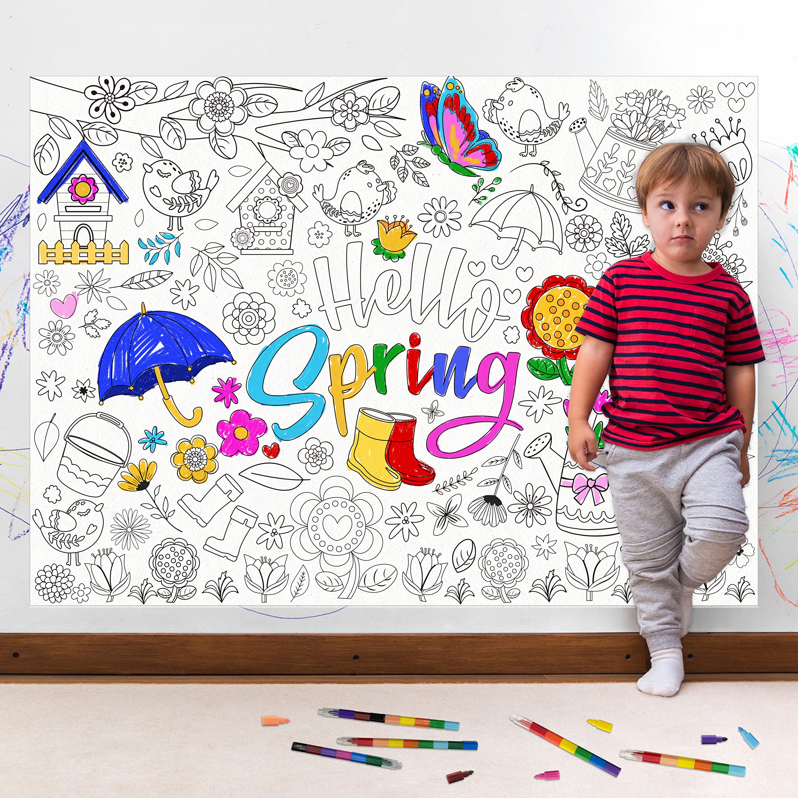 Giant Spring Coloring Poster with 6 Stacking Crayons, Crafts Education Activity Jumbo Paper Poster Wall Art Coloring Poster Banner for Home School Classroom Party Supplies Favor, 43x 31Inch(Spring）