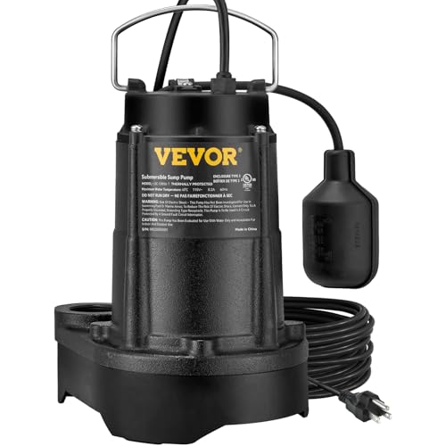 VEVOR Sump Pump Submersible, 1/2 HP, 3960 GPH, Cast Iron & Stainless Steel Shell, Sewage/Effluent Pumps, 1-1/2" NPT Discharge With 10 ft Cord, Vertical Float Switch, for Indoor&Outdoor Water Drain