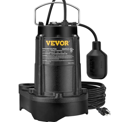 VEVOR Sump Pump Submersible, 1/2 HP, 3960 GPH, Cast Iron & Stainless Steel Shell, Sewage/Effluent Pumps, 1-1/2" NPT Discharge With 10 ft Cord, Vertical Float Switch, for Indoor&Outdoor Water Drain