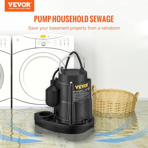 VEVOR Sump Pump Submersible, 1/2 HP, 3960 GPH, Cast Iron & Stainless Steel Shell, Sewage/Effluent Pumps, 1-1/2" NPT Discharge With 10 ft Cord, Vertical Float Switch, for Indoor&Outdoor Water Drain