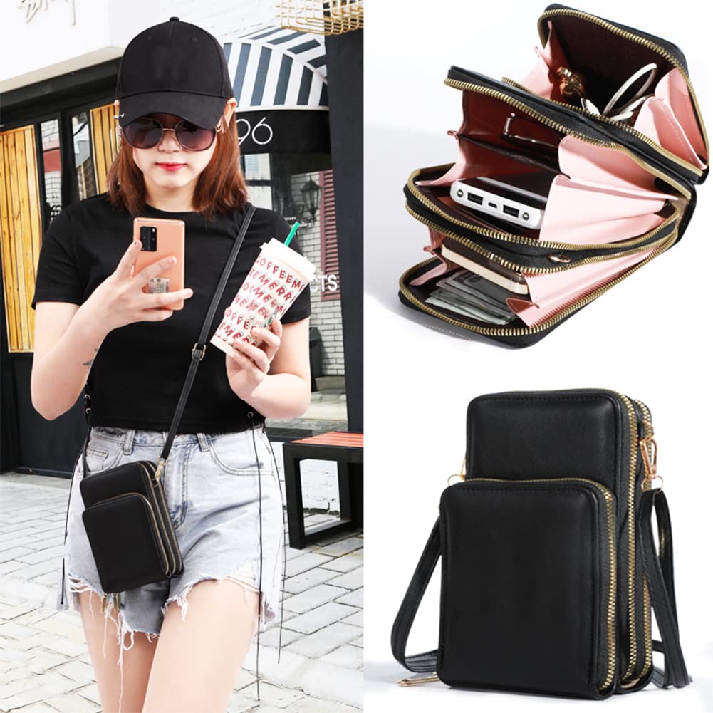 KAKKOII Crossbody Cell Phone Purse, Womens Wallet Purse, PU Leather Shoulder Handbag Wallet with Credit Card Slots (Black)