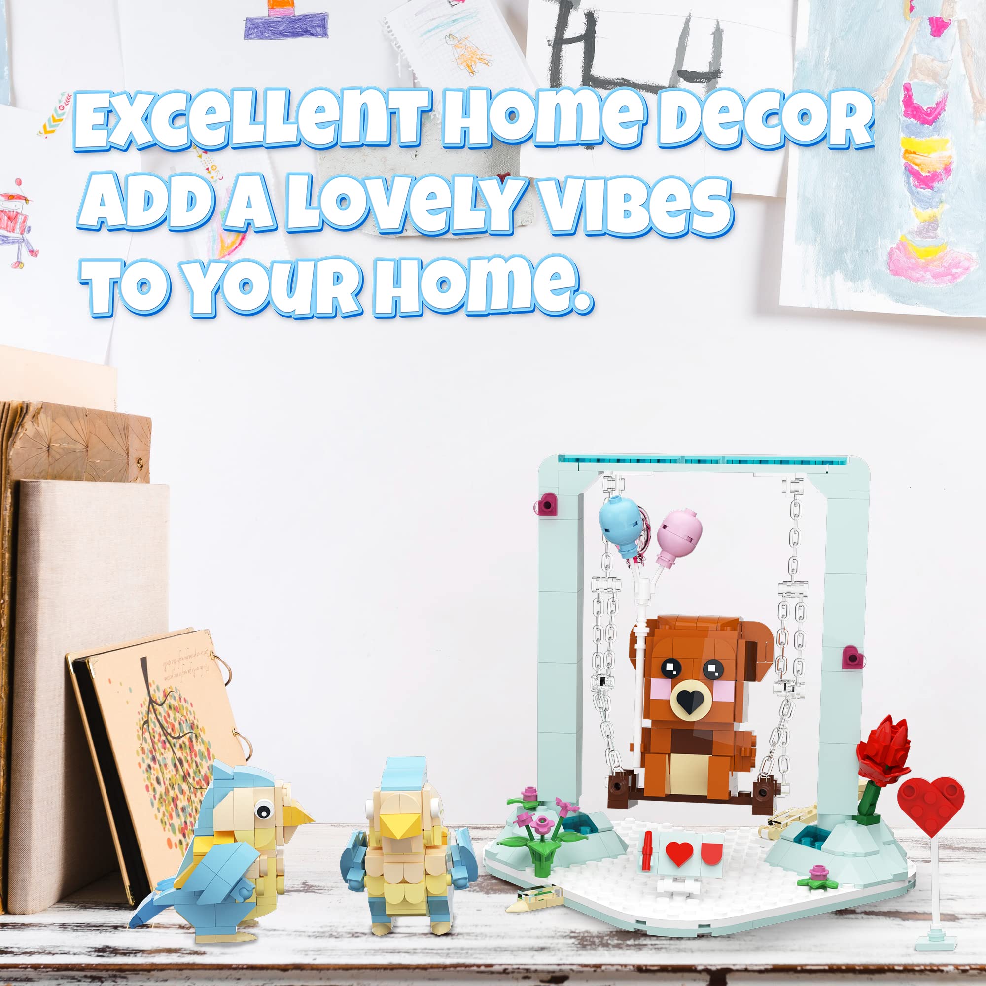 Nubee Valentine Love Birds Brown Bear Building Sets Compatible with Lego, Lovebirds Swings Bear Flower Heart Arrow I Love U Board, Valentine Gifts for Her, Kids Classroom.(485PCS)