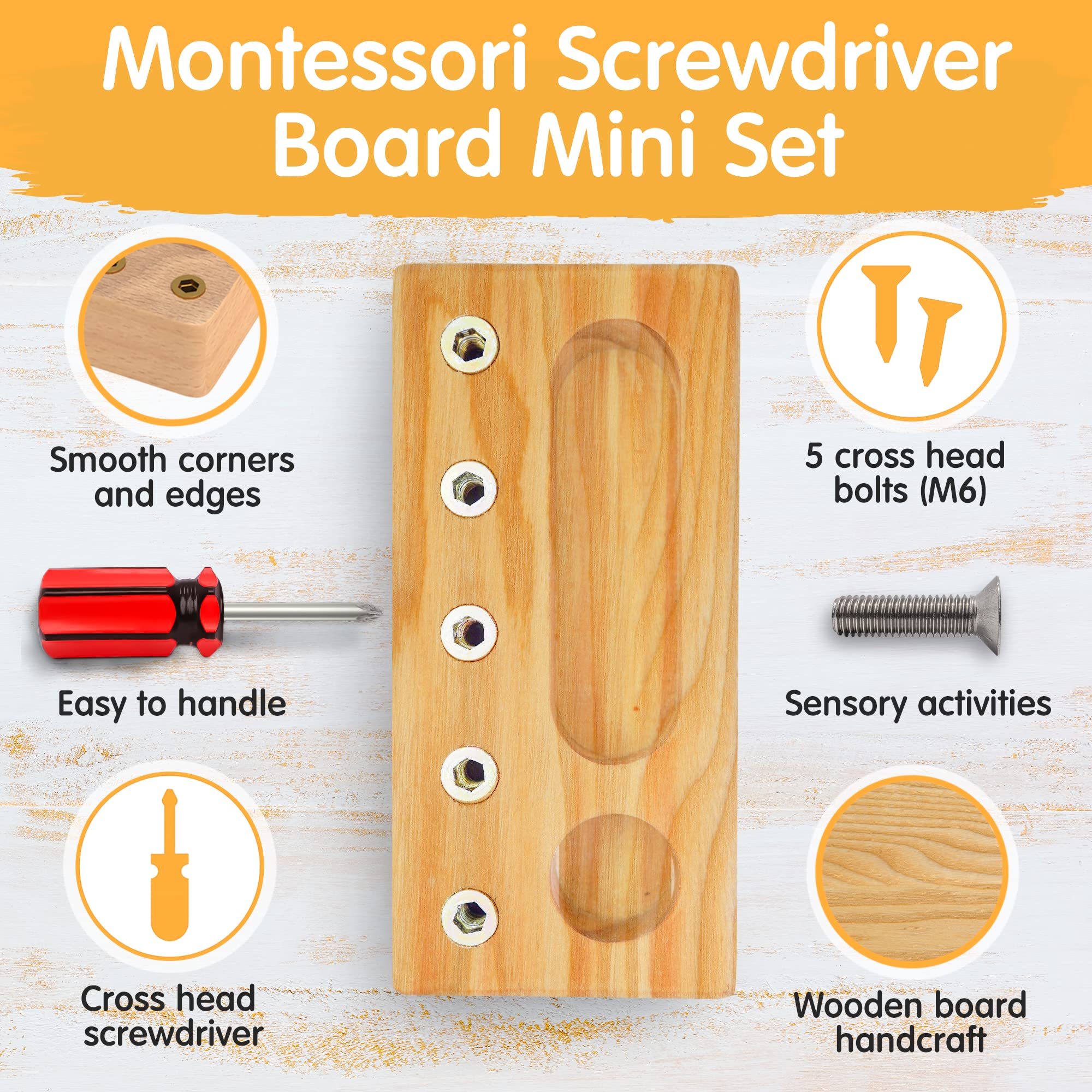 Panda Brothers Montessori Screwdriver Board Mini Set, Wooden Montessori Toys for 3 4 5 Year Old Kids and Toddlers, Learning Sensory Bin Toys Preschool Materials, Fine Motor Skills Toys