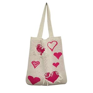 Fairy Grunge Tote Bag Y2K Fairycore Crochet Hobo Bag Ripped Heart Knitted Shoulder Bag Hippie Aesthetic Accessories (Beige)