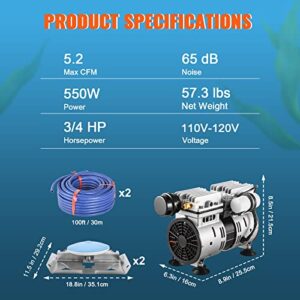 VEVOR Pond Aerator, 550W Power 5.2CFM for Up to 3 Acre 50' Lake Includes 3/4 HP 100' Weighted Tubings & 2 Diffusers, Air Compressor for Deep Water Oxygen Circulation, Black