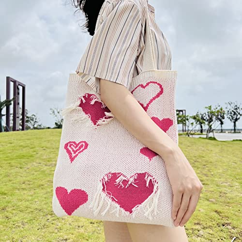 Fairy Grunge Tote Bag Y2K Fairycore Crochet Hobo Bag Ripped Heart Knitted Shoulder Bag Hippie Aesthetic Accessories (Beige)