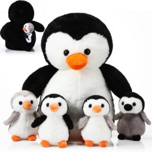 harrycle 5 pcs penguin plush toy set 1 mommy penguin stuffed animal with 4 cute babies in her belly 14 inch soft cuddly penguin plushie for kids valentine's day birthday (lovely style)