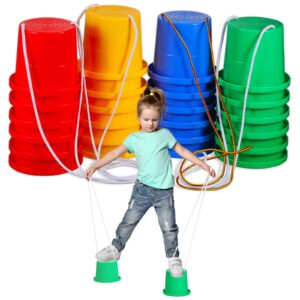 hungdao 12 pairs balancing stilts for kids walking bucket stilts plastic walking stilts toy with adjustable rope for preschool playground indoor outdoor obstacle course games, 4 colors