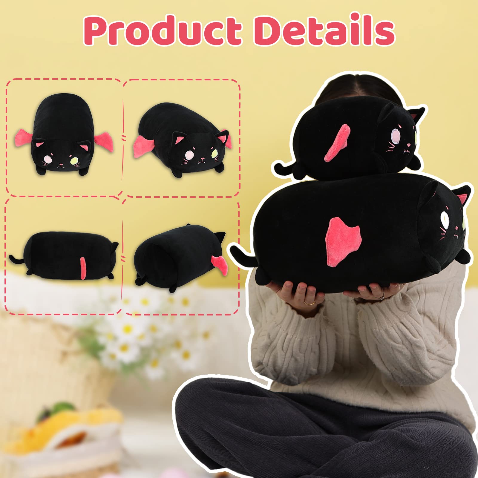 AIXINI Cute Black Cat Plush Pillow 8” Black Kitten Stuffed Animal with Luminous Eyes, Fat Soft Kawaii Plushies Hugging Plush Squishy Pillow Toy Gifts for Kids Bedding Sleeping