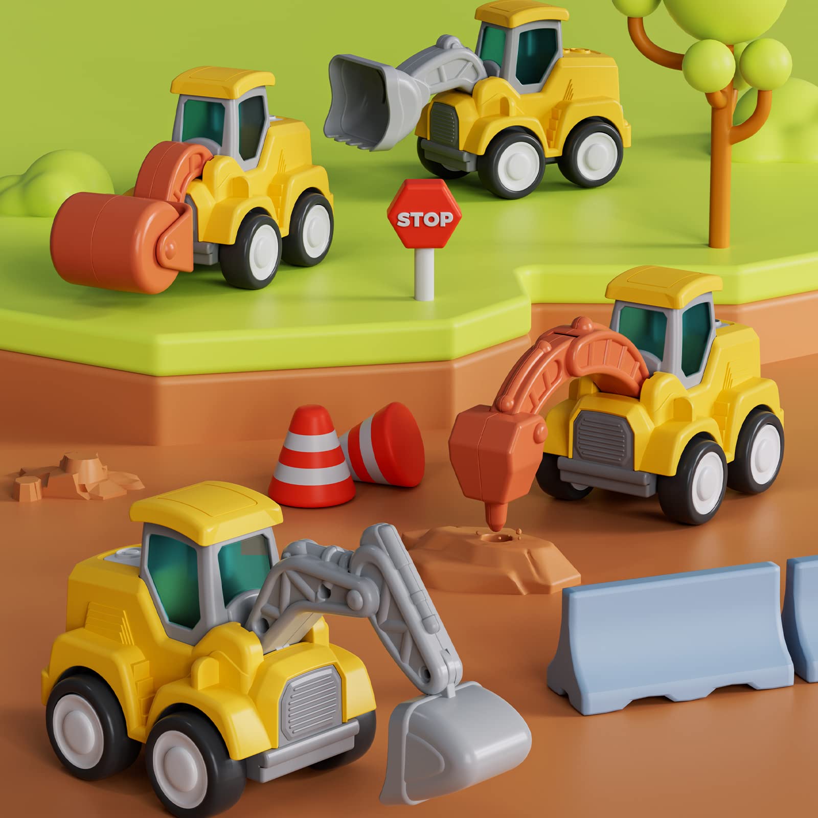 GEIQWNTOY Cars Toys for 1 Year Old Boys - Press Go Toys Cars for Toddlers 1-3, Friction Powered Car Toys Age 3-5,4 Pack Construction Trucks