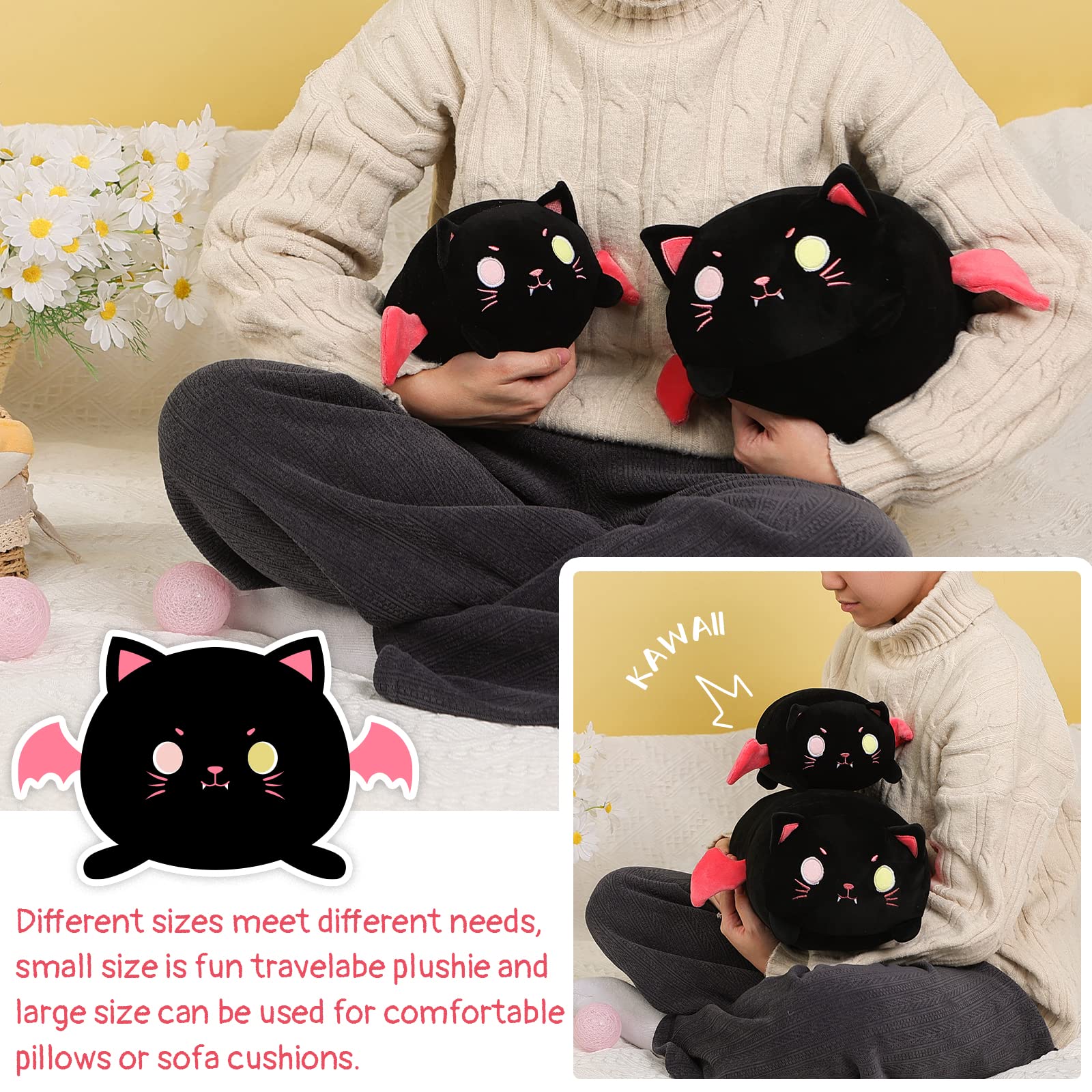 AIXINI Cute Black Cat Plush Pillow 8” Black Kitten Stuffed Animal with Luminous Eyes, Fat Soft Kawaii Plushies Hugging Plush Squishy Pillow Toy Gifts for Kids Bedding Sleeping