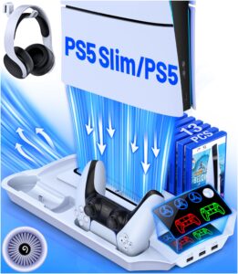 ps5 slim stand and cooling station with controller charging station for playsation 5 slim/ps5 disc digital console, ps5 accessories incl. 3 levels cooling fan, 13 game slots, 3 usb hub, headset holder