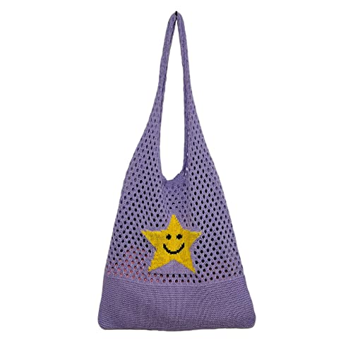 Women Y2K Hobo Bag Trendy Star Pattern Knitted Shoulder Bags Hollow Out Tote Bag Aesthetic Casual Beach Bag (Purple)