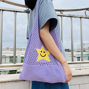 Women Y2K Hobo Bag Trendy Star Pattern Knitted Shoulder Bags Hollow Out Tote Bag Aesthetic Casual Beach Bag (Purple)