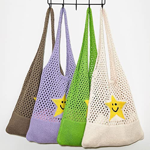 Women Y2K Hobo Bag Trendy Star Pattern Knitted Shoulder Bags Hollow Out Tote Bag Aesthetic Casual Beach Bag (Purple)