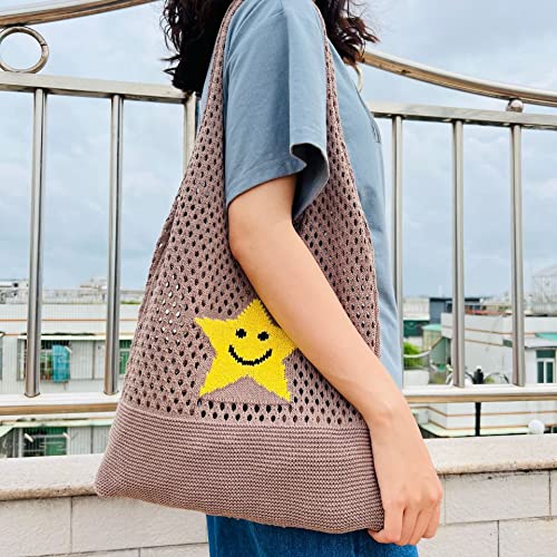 Women Y2K Hobo Bag Trendy Star Pattern Knitted Shoulder Bags Hollow Out Tote Bag Aesthetic Casual Beach Bag (Purple)