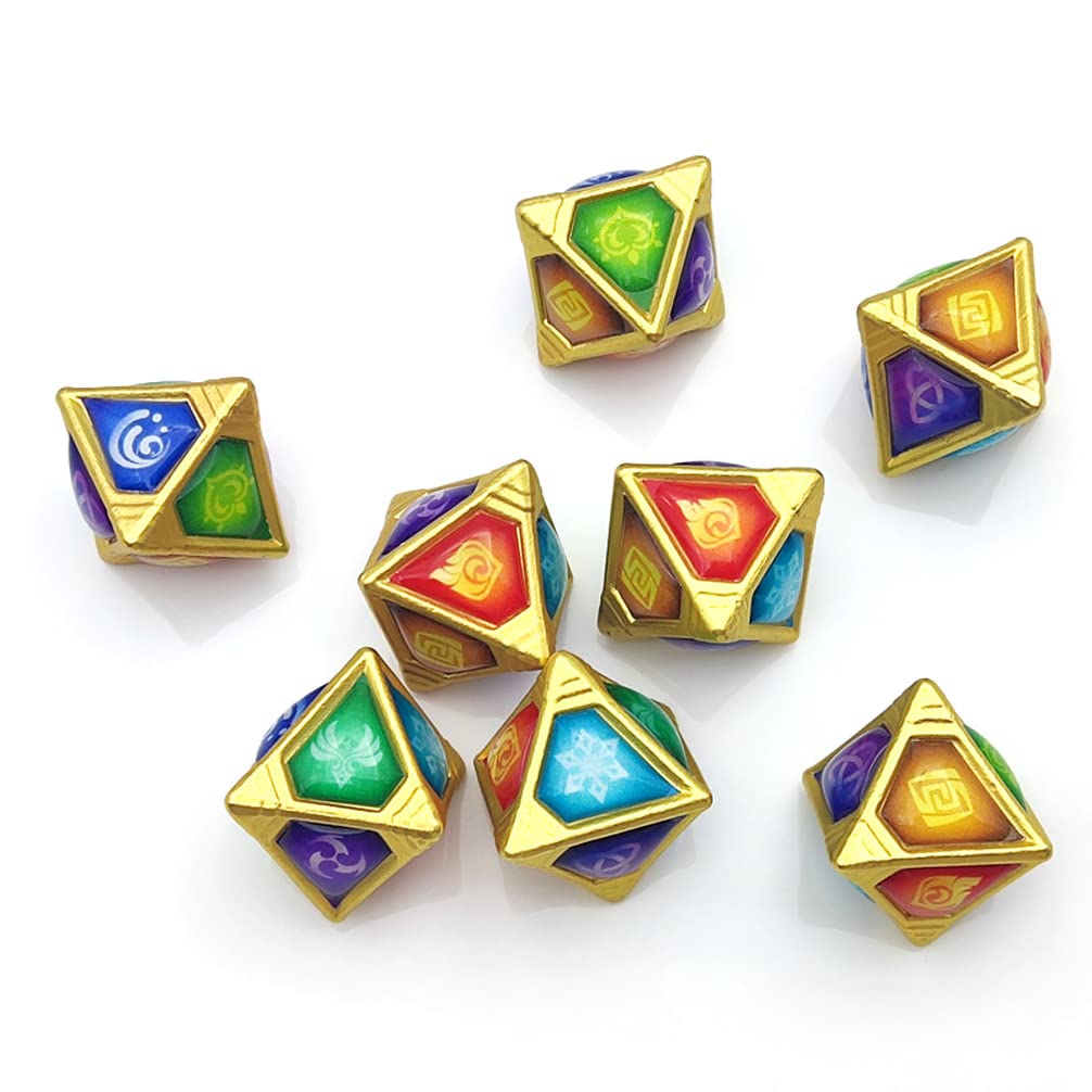 Genius Invokation TCG Dice Set, Handmade 8 Pcs Rhombic Solid polyhedral Dices Set with 7 Elemental Die & 1 Omni Element for Genshin Impact Card Game