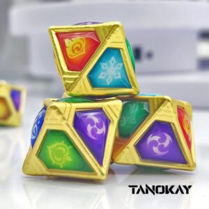 Genius Invokation TCG Dice Set, Handmade 8 Pcs Rhombic Solid polyhedral Dices Set with 7 Elemental Die & 1 Omni Element for Genshin Impact Card Game