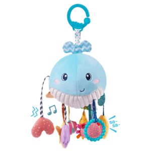 jollybaby plush stuffed activity pull string hanging toys for stroller car seat crib or gym, montessori sensory carseat toy for baby 0-3-6-12-18 months, whale toy for infant baby boy girl gifts