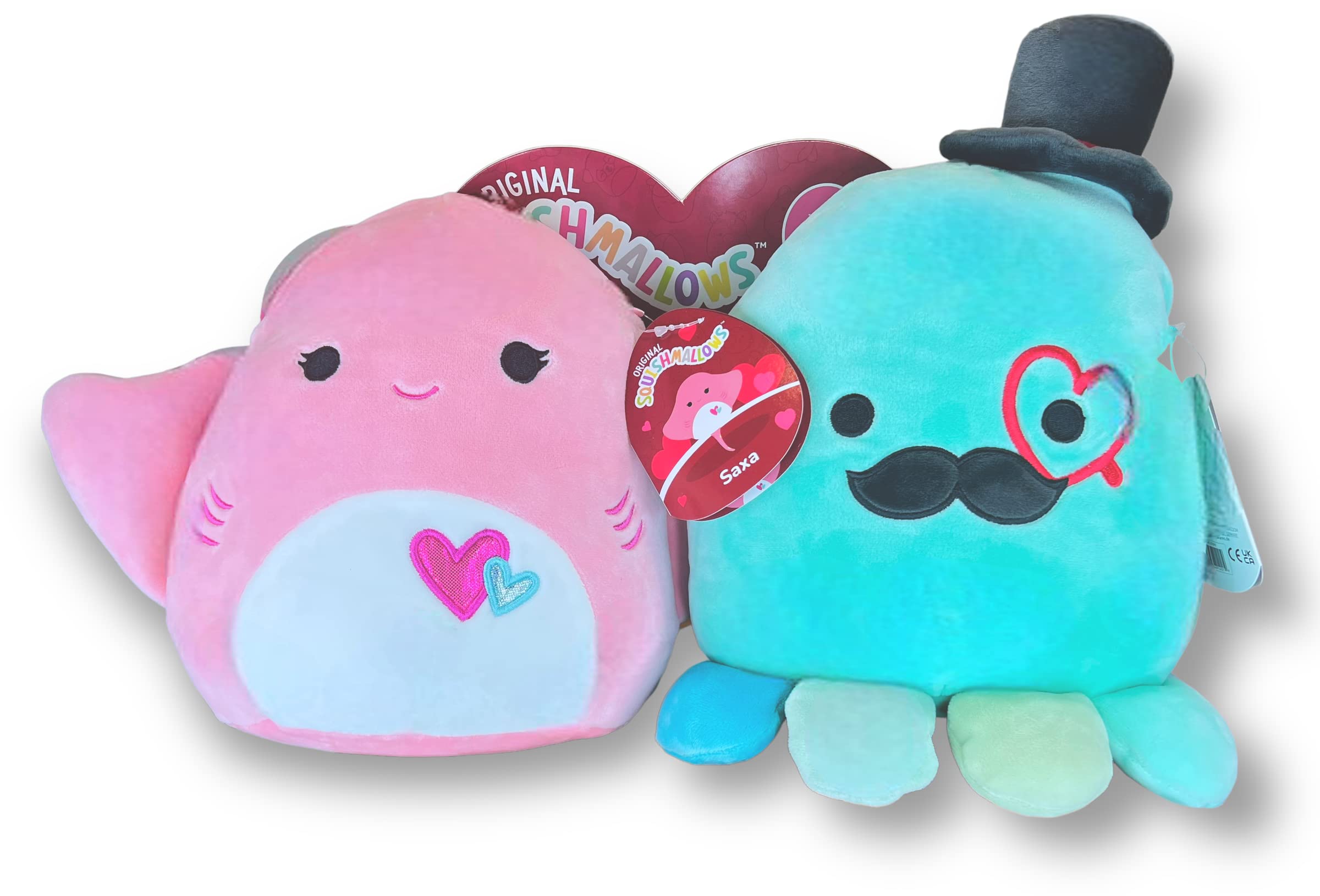 Squishmallows Official Kellytoy Perfect Pair Saxa Stingray and Eiko Fancy Octopus - 2023 Valentine’s Squad Set of 2 Stuffed Animals Plush