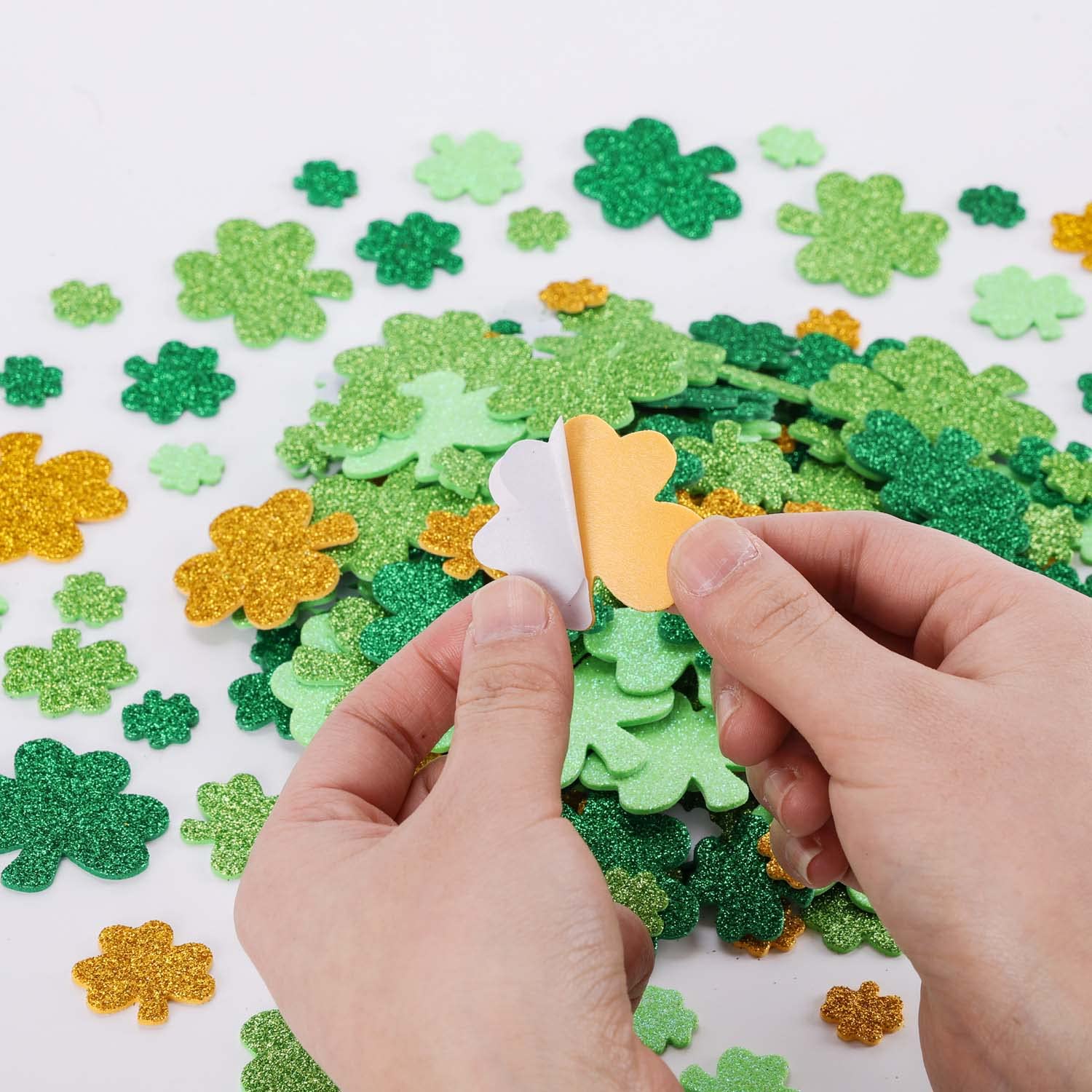 500 Pieces St. Patrick's Day Colorful Glitter Foam Stickers Self Adhesive Shamrock Shapes Glitter Stickers, Kid's Arts Craft Supplies Greeting Cards Home Decoration