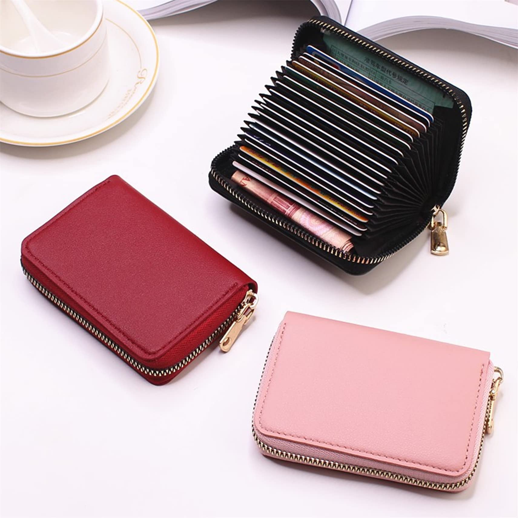 Winwinfly Women Credit Cards Holder, Small Leather Zipper Card Case Wallet Coins Purse for Women