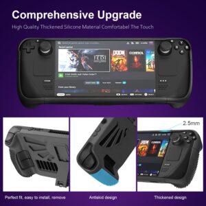 Hrusitoo Steam Deck Case with Stand, Kickstand TPU Accessories Protector Case for Valve Steam Deck Console, Steam Deck Protective Cover Skin Shell with 2 Pairs Silicone Thumb Grips Caps-Black