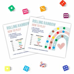 dyirbiiy 5" x 6" party kids table game | rolling a rainbow roll the dice game| watercolor rainbow dice game for kids | 20 play cards 20 colored dices -tzyx-a08