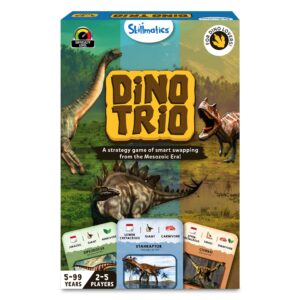 skillmatics card game - dino trio, a smart swapping dinosaur themed strategy game for kids, teens & adults