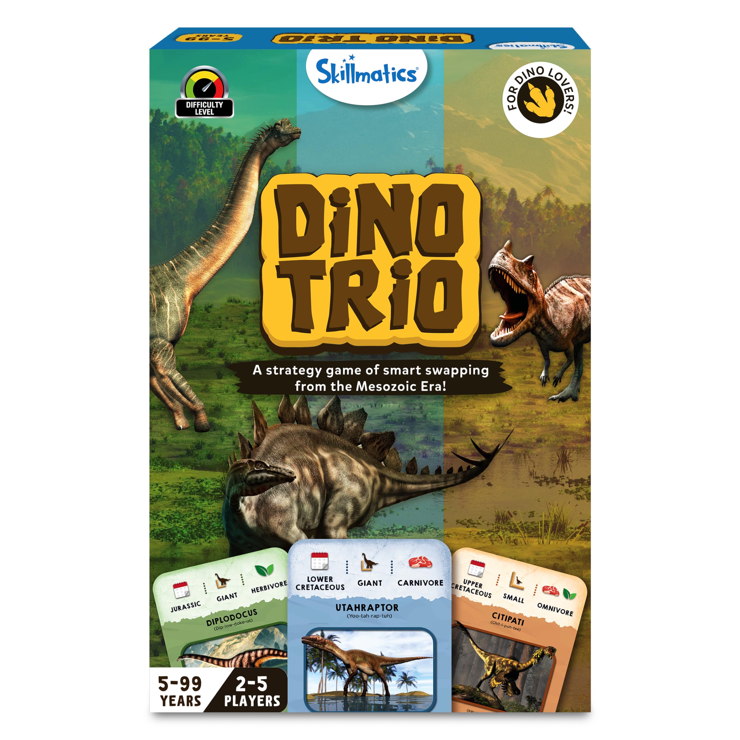 Skillmatics Card Game - Dino Trio, A Smart Swapping Dinosaur Themed Strategy Game for Kids, Teens & Adults