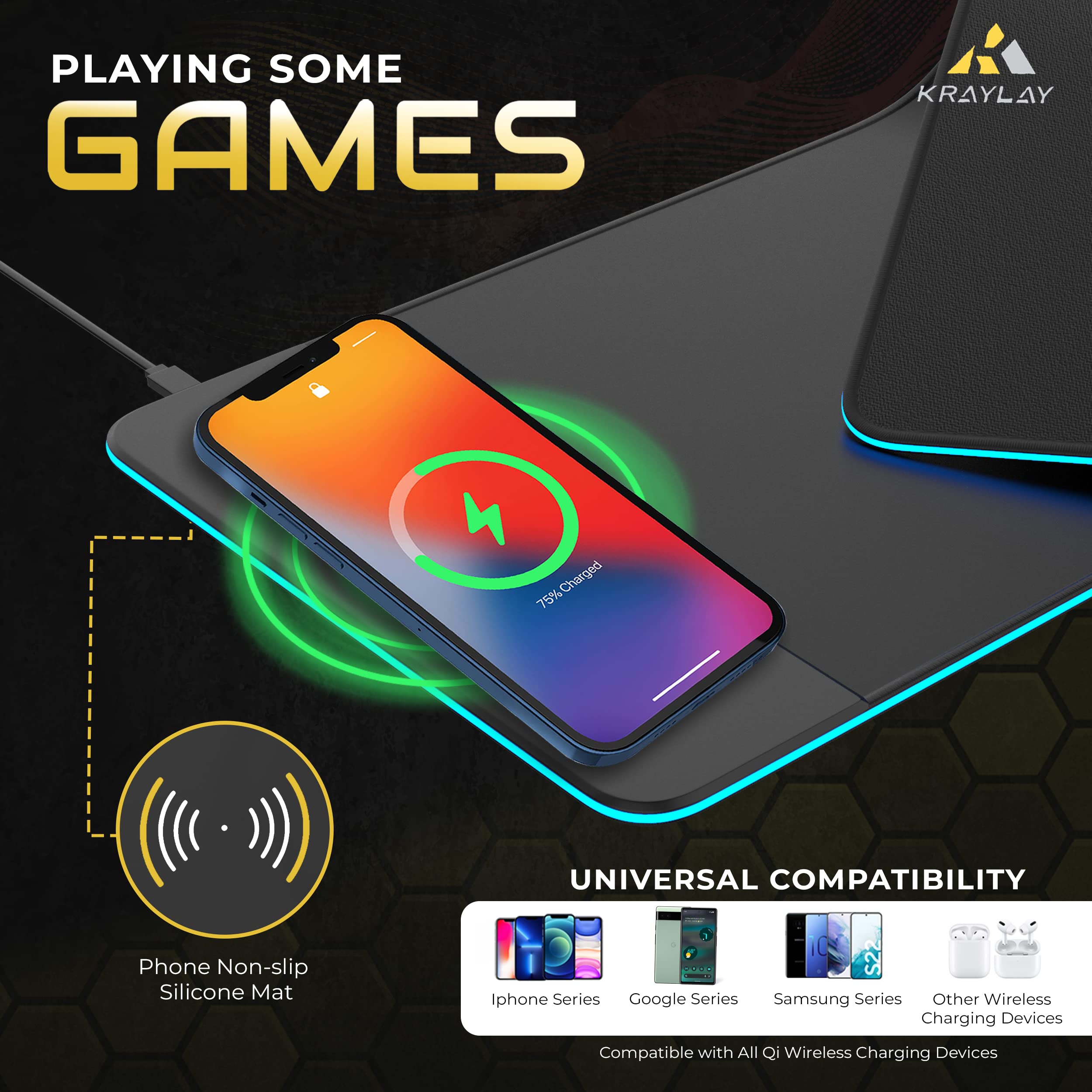 Kraylay XXL RGB Gaming Mouse Pad with Wireless Charger, 11 Colors LED Mouse Mat with 10W Fast Charging, Non Slip Extended Big Mousepad, Black Gaming Mouse pad for Laptop, PC, Office, and Gaming