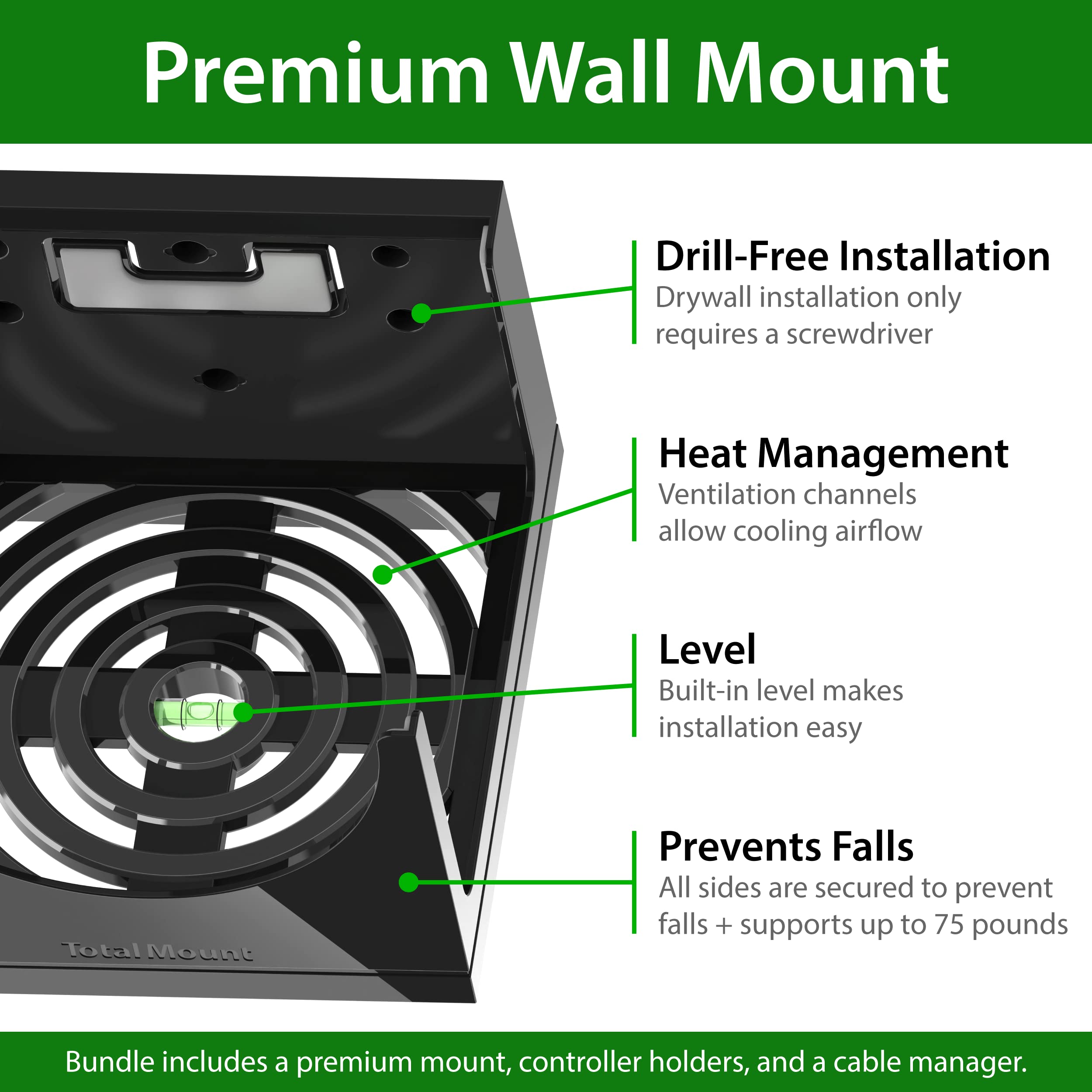 TotalMount – Wall Mount for Xbox Series X – Prevents Your Xbox from Falling by Securing Each Side (Large Bundle: Wall Mount and 3 Controller Holders)