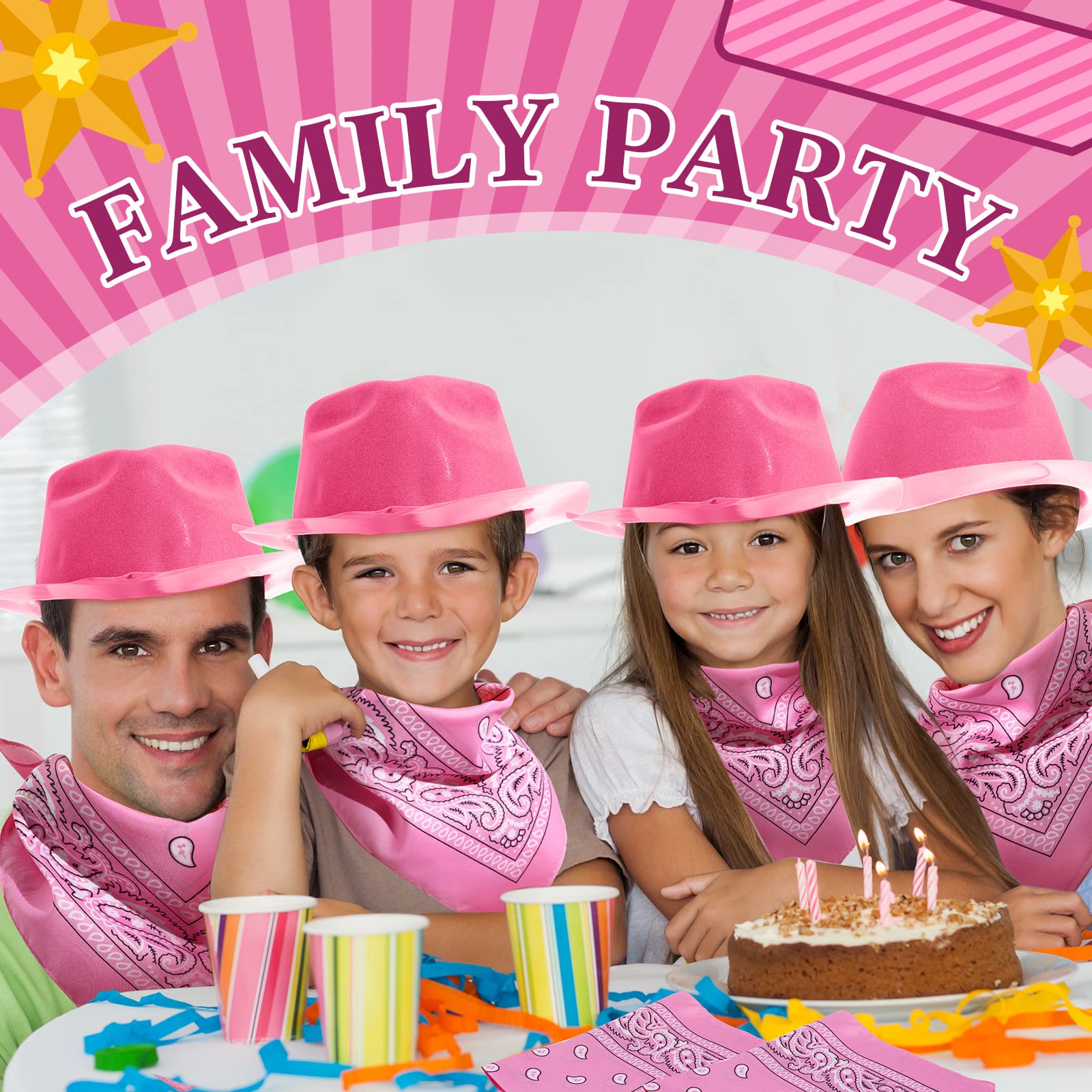 Crowye Western Cowboy Hat Set, 24 Pcs Felt Cowboy Themed Party Hats with 24 Pcs Paisley Bandanas for Adult Kids Cowboy Costume, Pink (One Size, Pink)