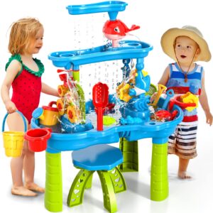 doloowee sand and water table toy for kids, 3 tier showers pond table, kids play activity summer outdoor on beach backyard toddlers 1-3 age 3-5 up