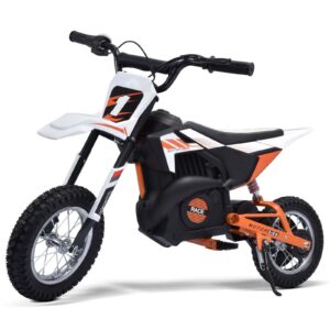 blitzshark 24v kids electric dirt bike 250w off-road bike motocross powerful motorcycle for kids, with 13.67mph fast speed, rubber tires, twist grip throttle, metal suspension & leather seat, srk-mc10