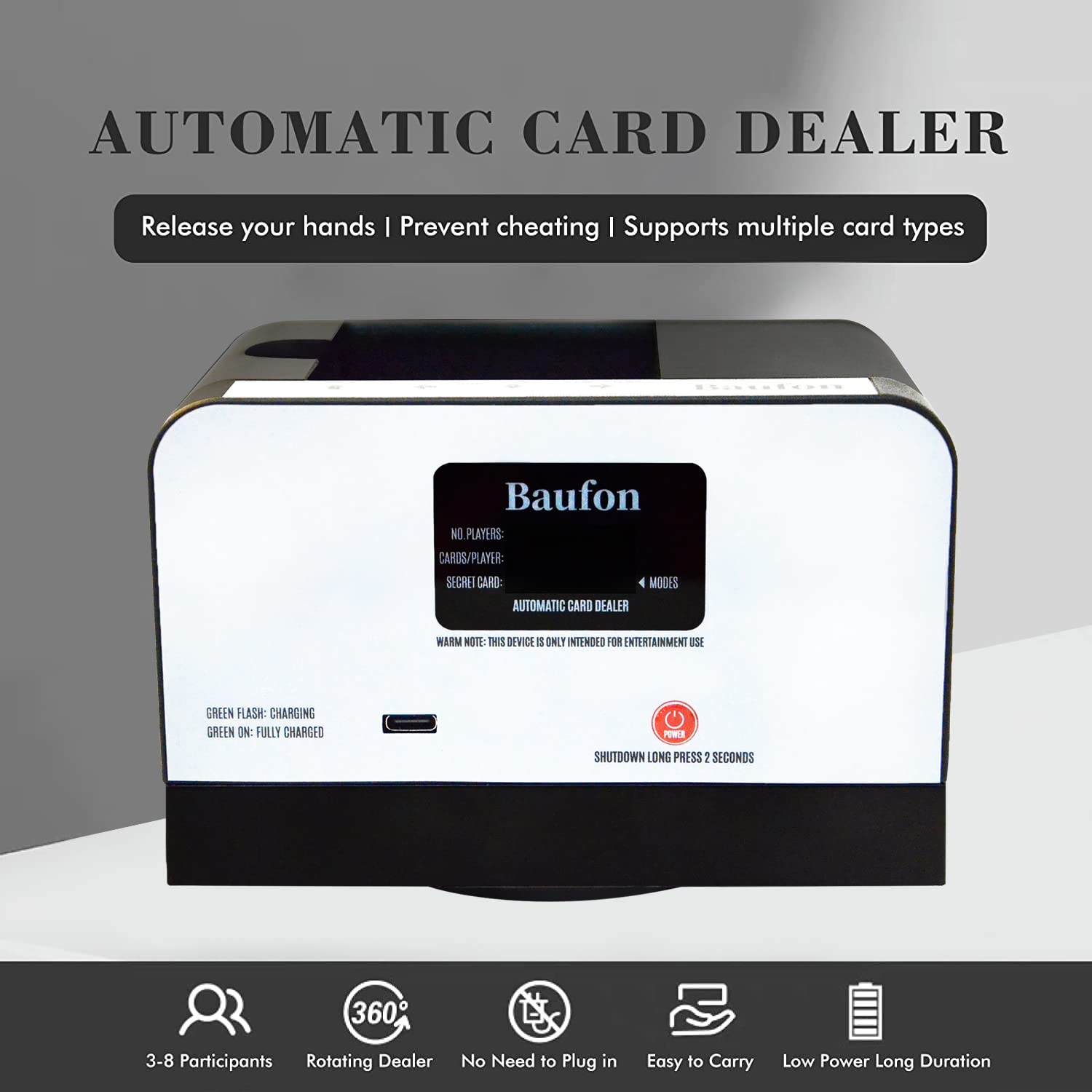 Baufon Automatic Card Dealer, Electric Card Dealer Machine, Rotating Card Dealer Machine for UNO, Blackjack, Texas Hold'em, Home Card Games (Black)