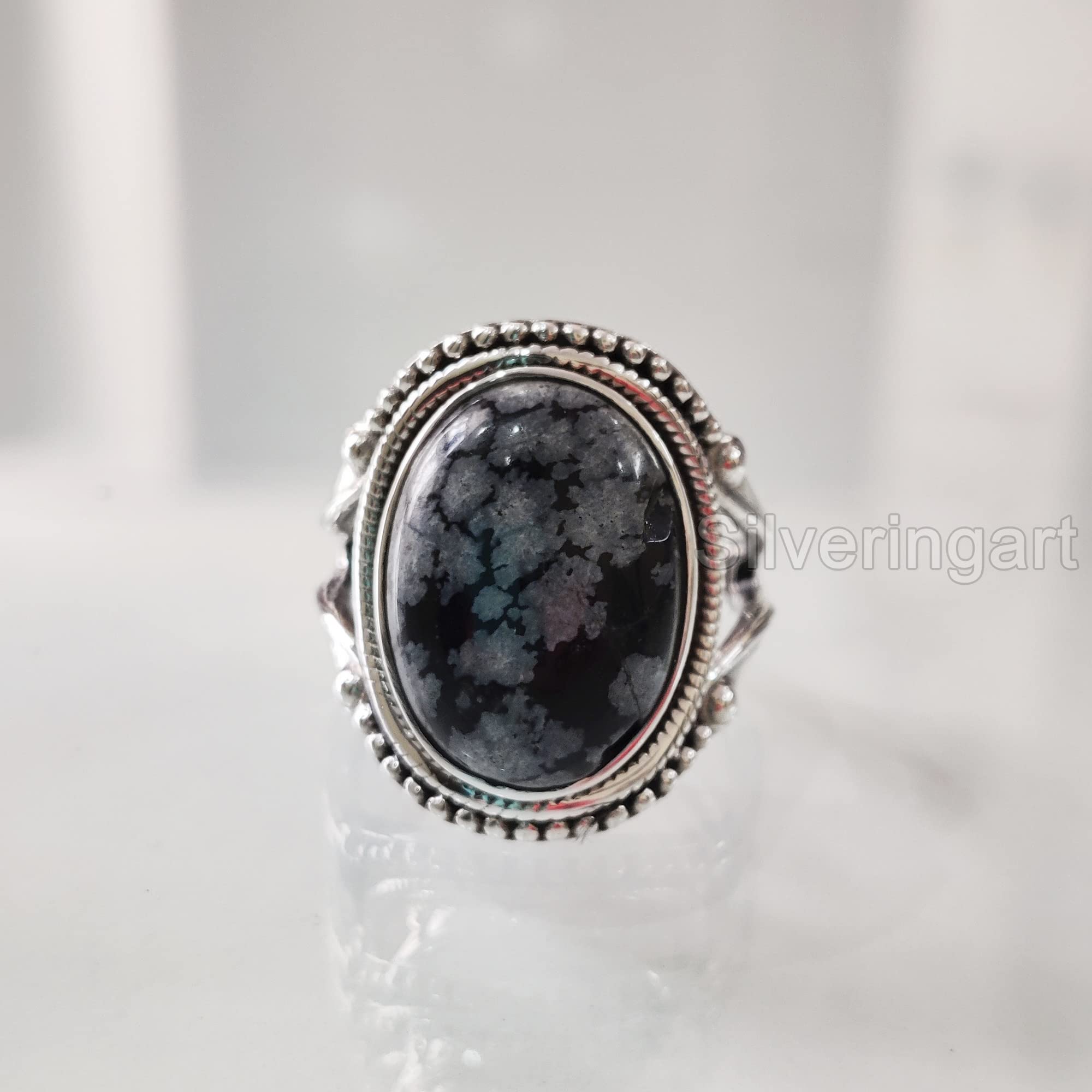 Natural Snowflake Obsidian Ring, Snowflake Obsidian Ring, Birthstone, Bohemian Band, 925 Sterling Silver, Womens Ring, Christmas, Thanksgiving, Handmade, Statement Jewelry, Natural Gemstone Ring