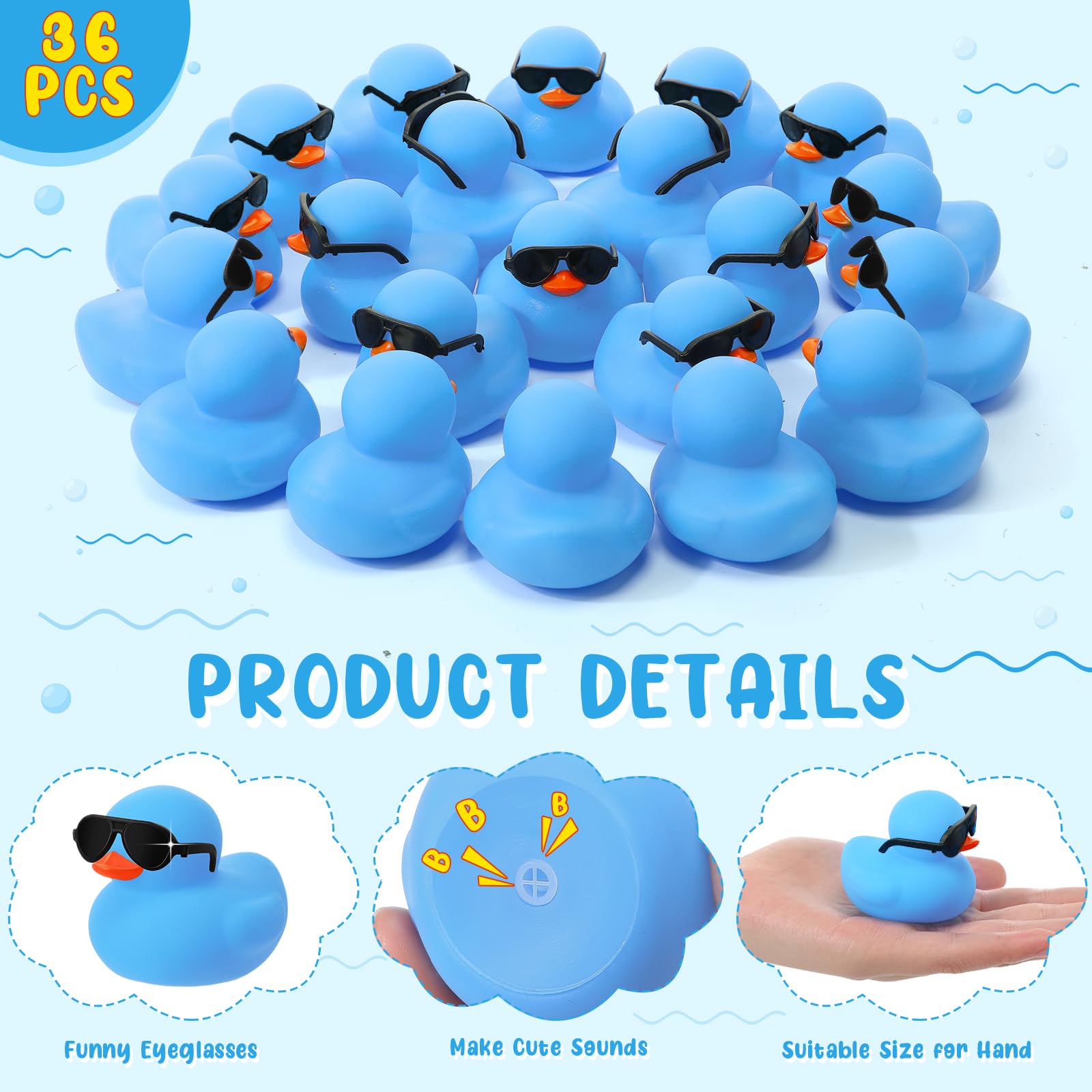 36 Packs Mini Rubber Ducks with Sunglasses Sets Duck Bath Toys Squeaky Rubber Ducks Cute Float Bathtub Duckies for Little One Birthday Party Favors Class Carnival Prizes Car Decor(Blue)