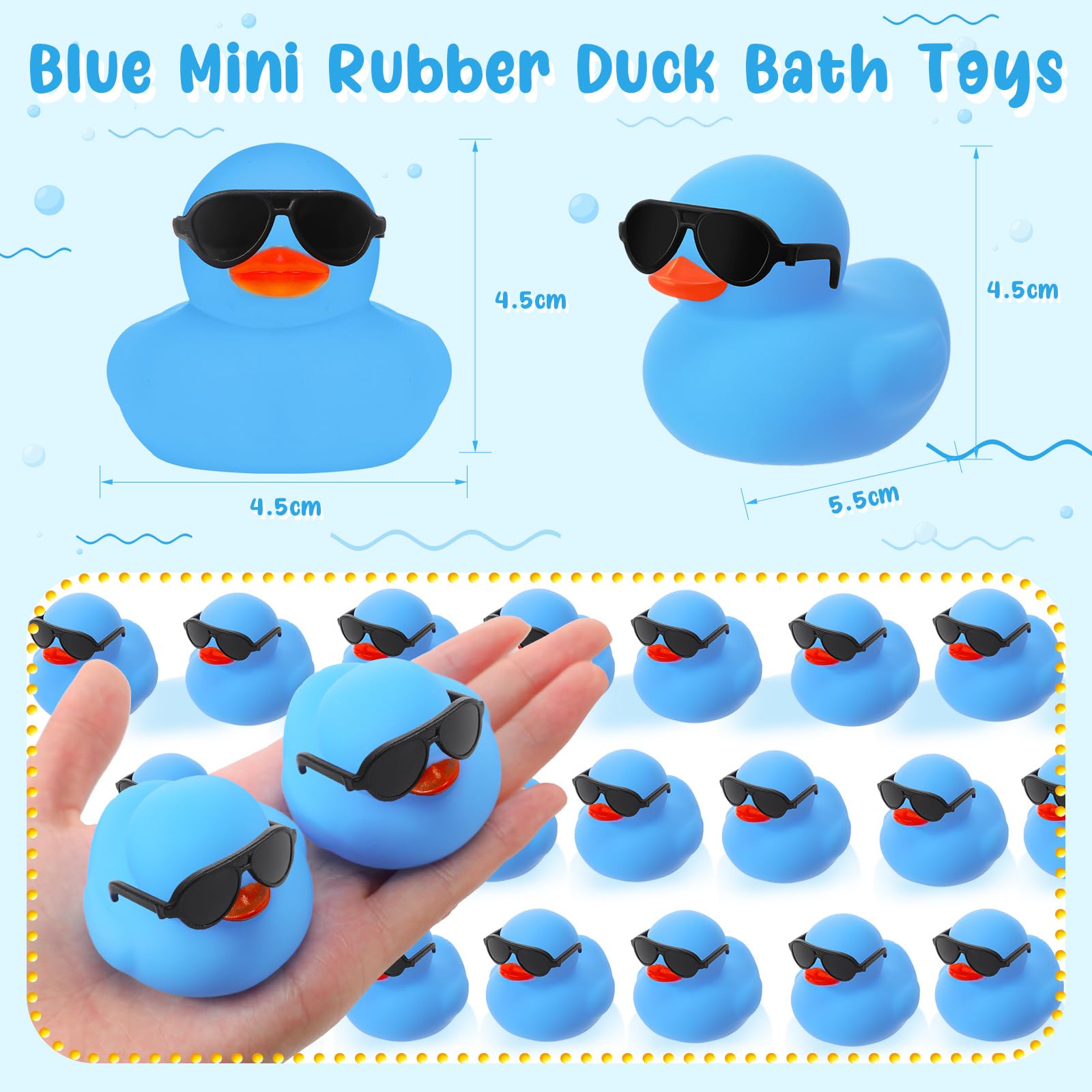 36 Packs Mini Rubber Ducks with Sunglasses Sets Duck Bath Toys Squeaky Rubber Ducks Cute Float Bathtub Duckies for Little One Birthday Party Favors Class Carnival Prizes Car Decor(Blue)