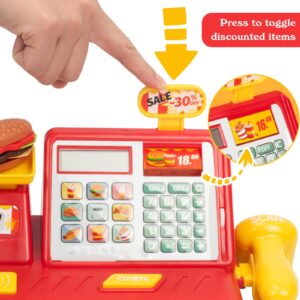 Pretend Play Calculator Cash Register Toy, Supermarket Shop Toys Cashier Registers with Scanner, Microphone, Play Food, Credit Card, Money - Pre-School Gift for Kids, Toddlers, Boys & Girls, Ages 3+