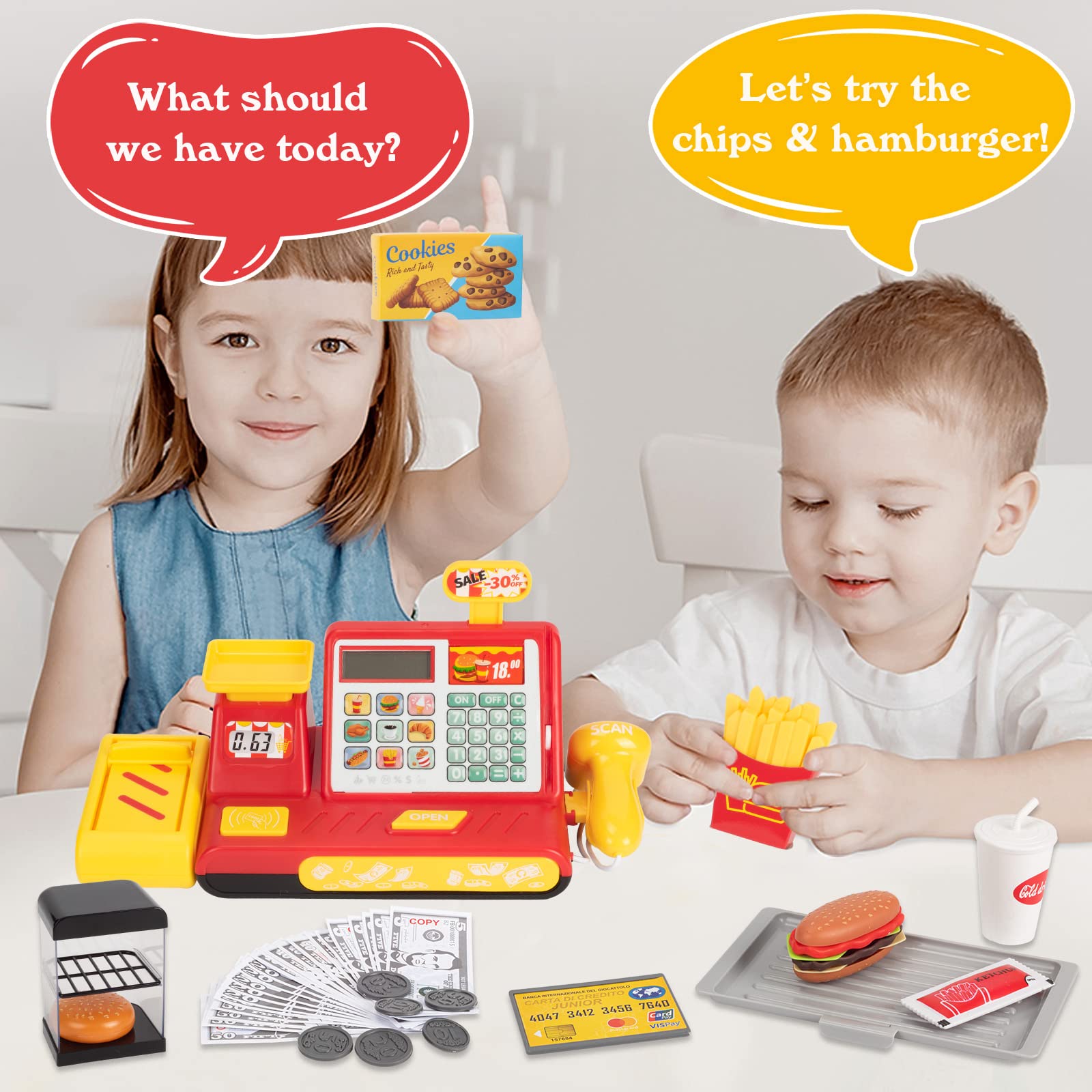 Pretend Play Calculator Cash Register Toy, Supermarket Shop Toys Cashier Registers with Scanner, Microphone, Play Food, Credit Card, Money - Pre-School Gift for Kids, Toddlers, Boys & Girls, Ages 3+