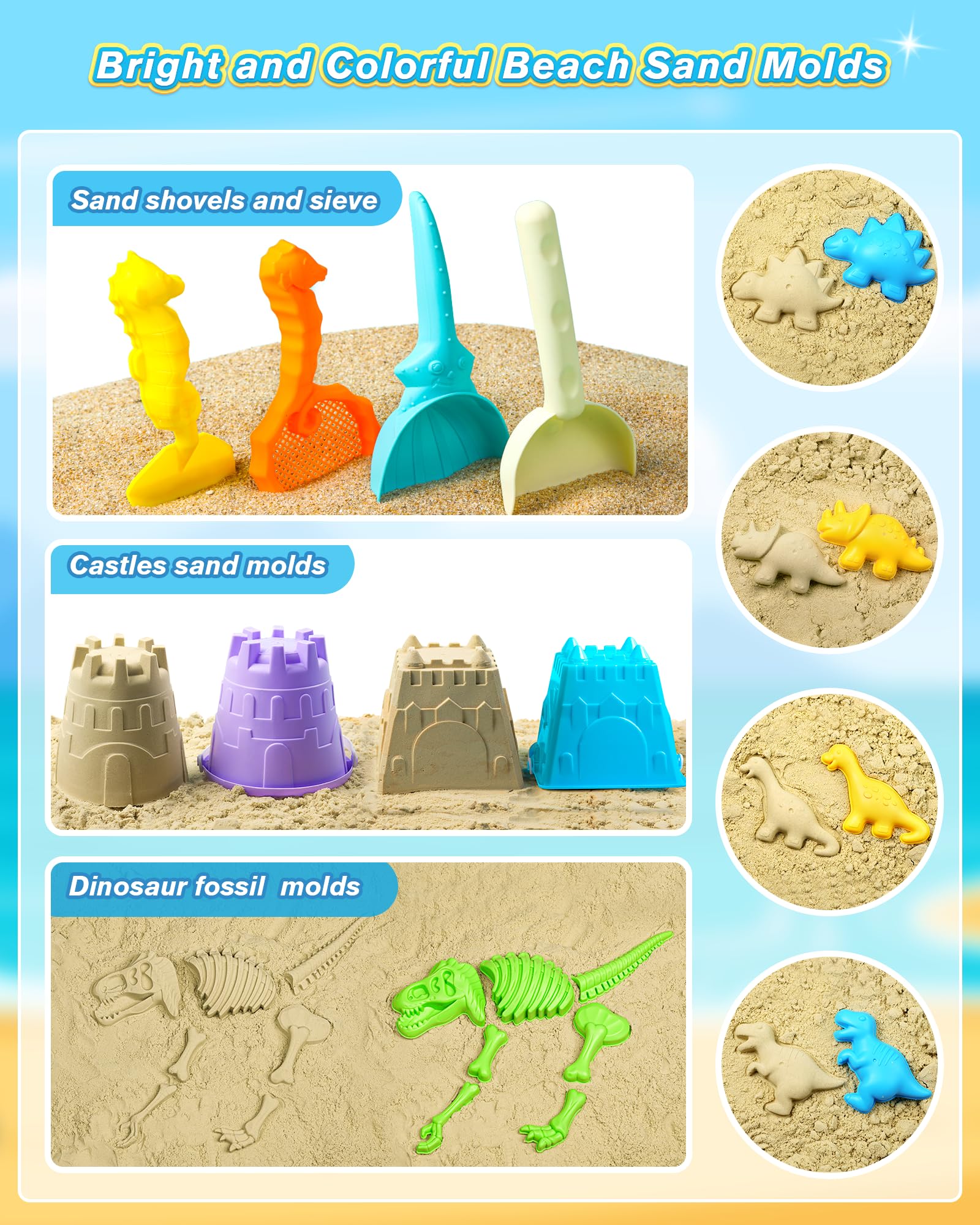 DISHIO Beach Sand Toys for Kids Sand Box Beach Toys with Mesh Bag,Sand Castle Bucket and Shovel,Sand Molds,Waterig Can, Sieve, Dinosaur Beach Toys Kit for Kids&Toddlers Outdoor Travel 18pcs