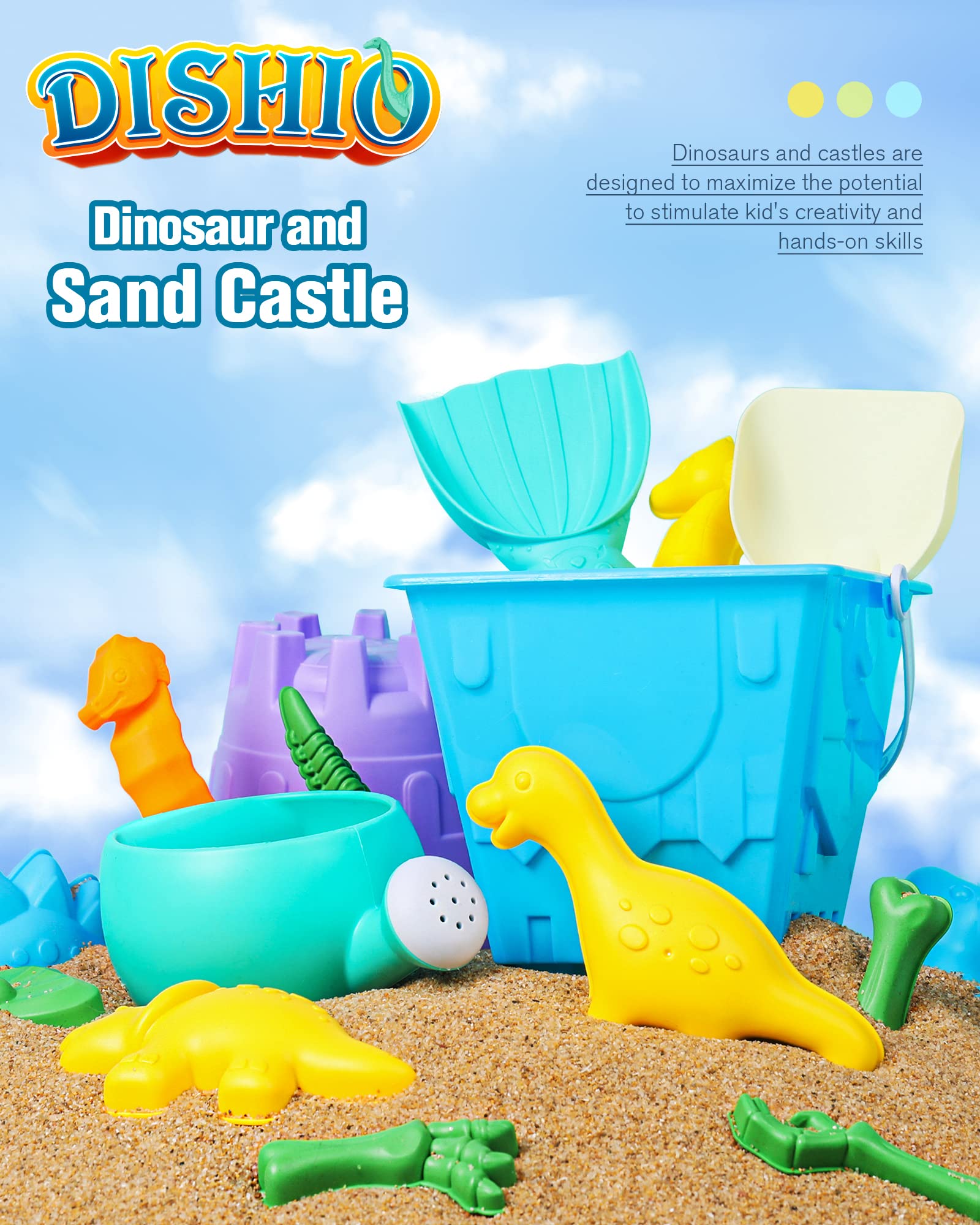 DISHIO Beach Sand Toys for Kids Sand Box Beach Toys with Mesh Bag,Sand Castle Bucket and Shovel,Sand Molds,Waterig Can, Sieve, Dinosaur Beach Toys Kit for Kids&Toddlers Outdoor Travel 18pcs